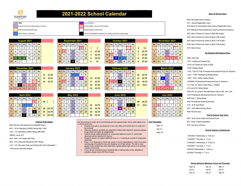 2021-2022 SCHOOL CALENDAR 1ST DRAFT | Dr. Howard Fuller Collegiate Academy